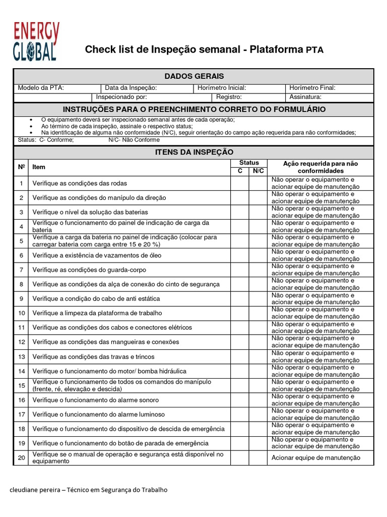 Check List para Plataforma Elevatoria NR 18 | PDF