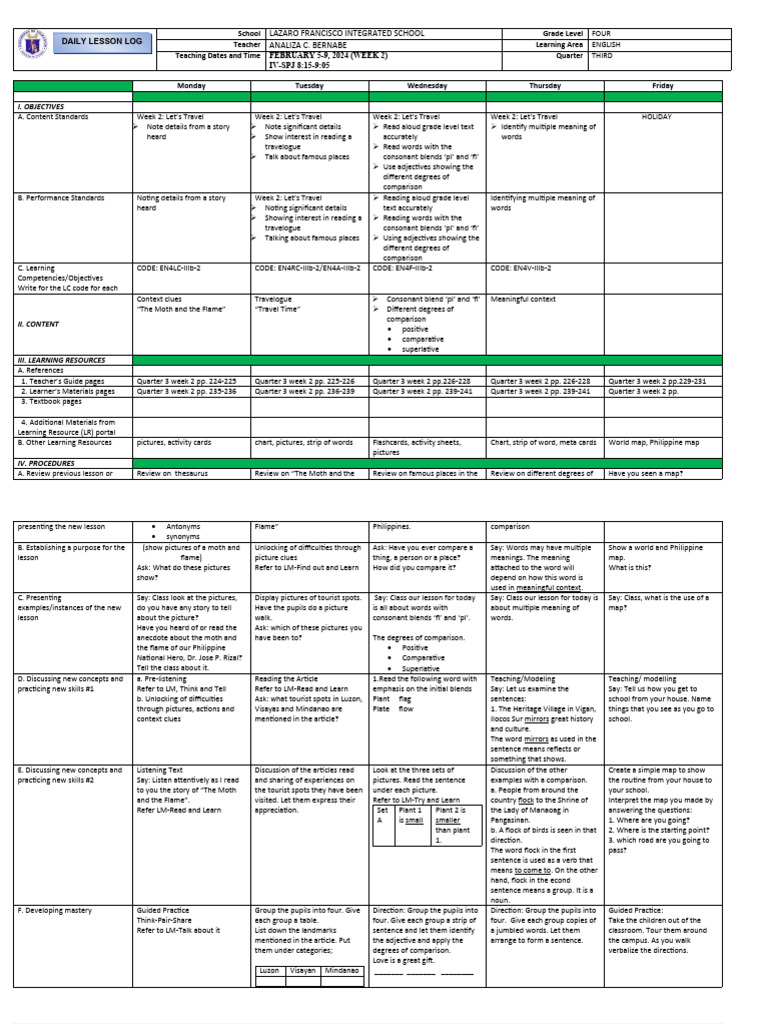 Grade 4 DLL ENGLISH 4 Q3 Week 2 | PDF | Linguistics | Human Communication