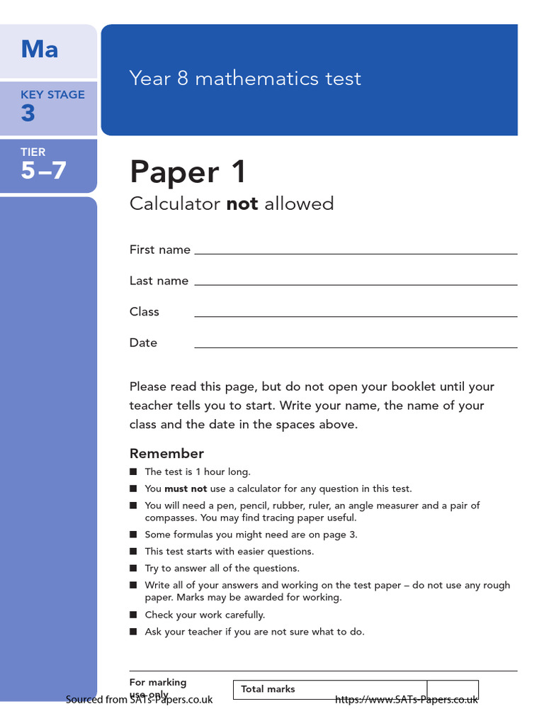Year 8 Maths Test Paper 1 (No Calculator) | PDF | Circle | Euclidean ...