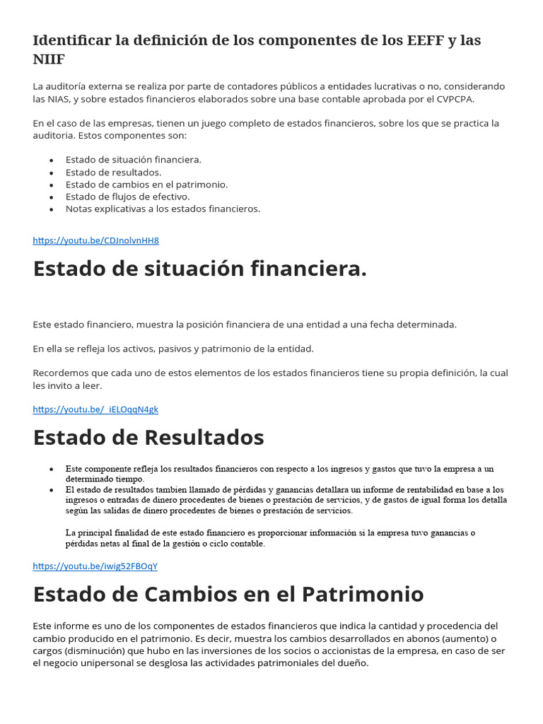Identificar la definición de los componentes de los EEFF y las NIIF ...