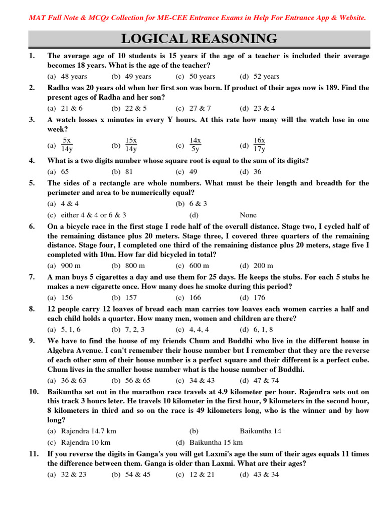 MAT Full Note - MCQs Collection Chapter LOGICAL REASONING | PDF | Triangle | Elementary Mathematics