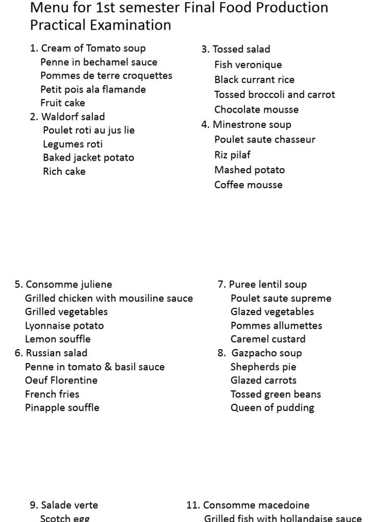 1st Semester Food Production Menu | PDF