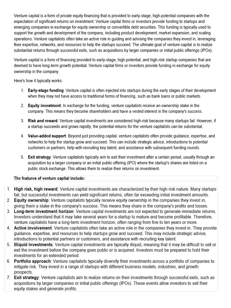 Venture Capital Is A Form of Private Equity Financing That Is Provided ...