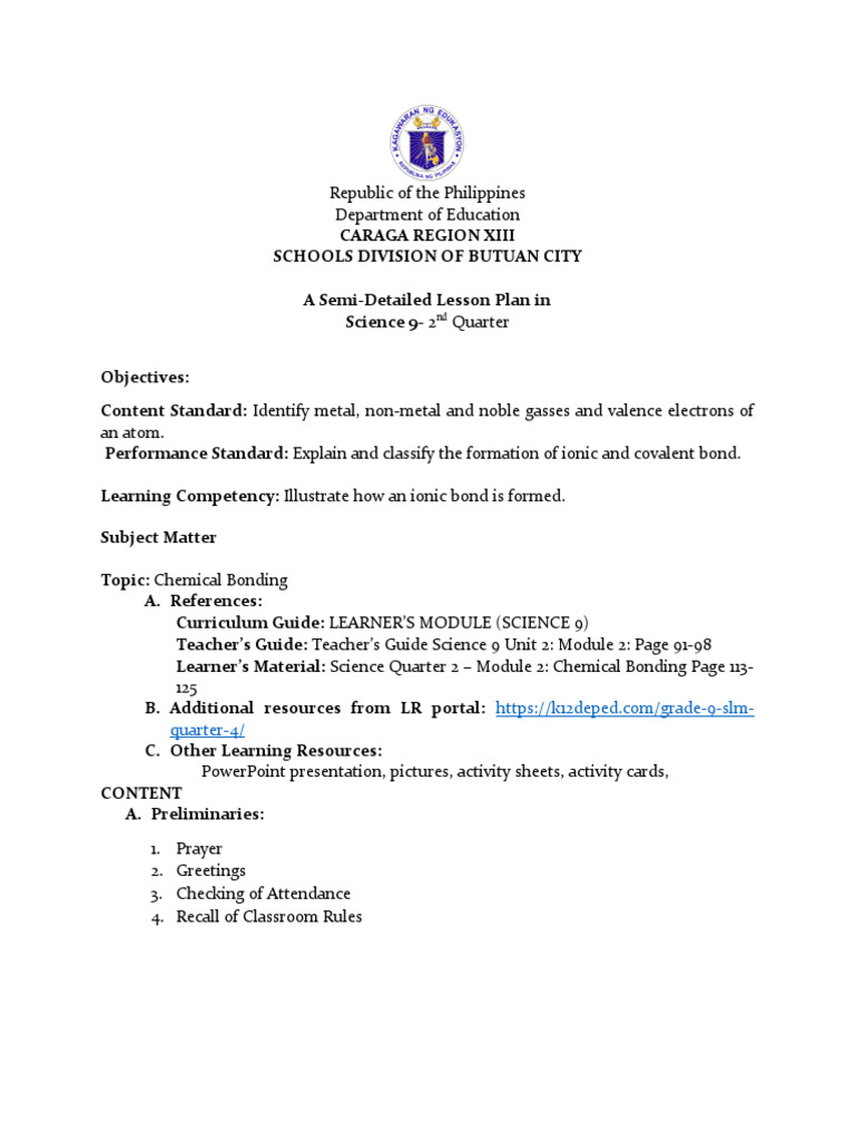 Semi Detailed Lesson Plan | PDF | Chemical Bond | Ionic Bonding