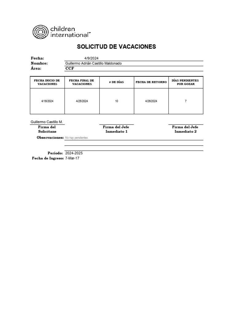 Solicitud Vacaciones actualizada 2024 | PDF