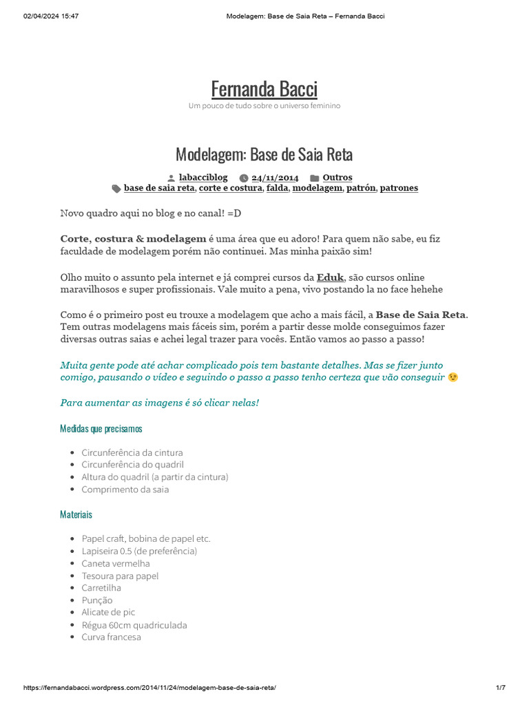 Modelagem - Base de Saia Reta - Fernanda Bacci | PDF | Saia | Geometria Analítica