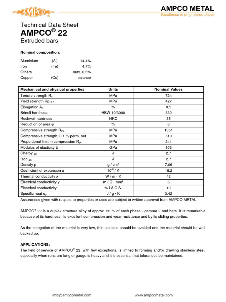 Ampco 22: Technical Data Sheet | PDF | Hardness | Sheet Metal