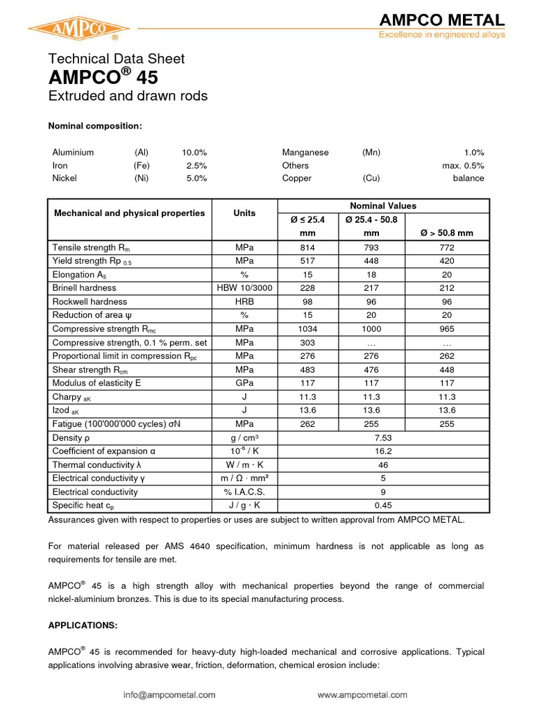 Ampco 45: Technical Data Sheet | PDF | Strength Of Materials | Hardness