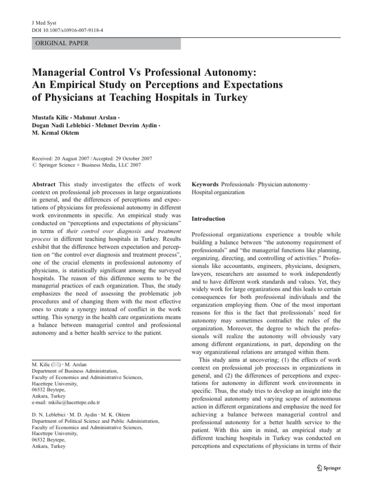 Managerial Control Vs Professional Autonomy | PDF | Autonomy | Hospital