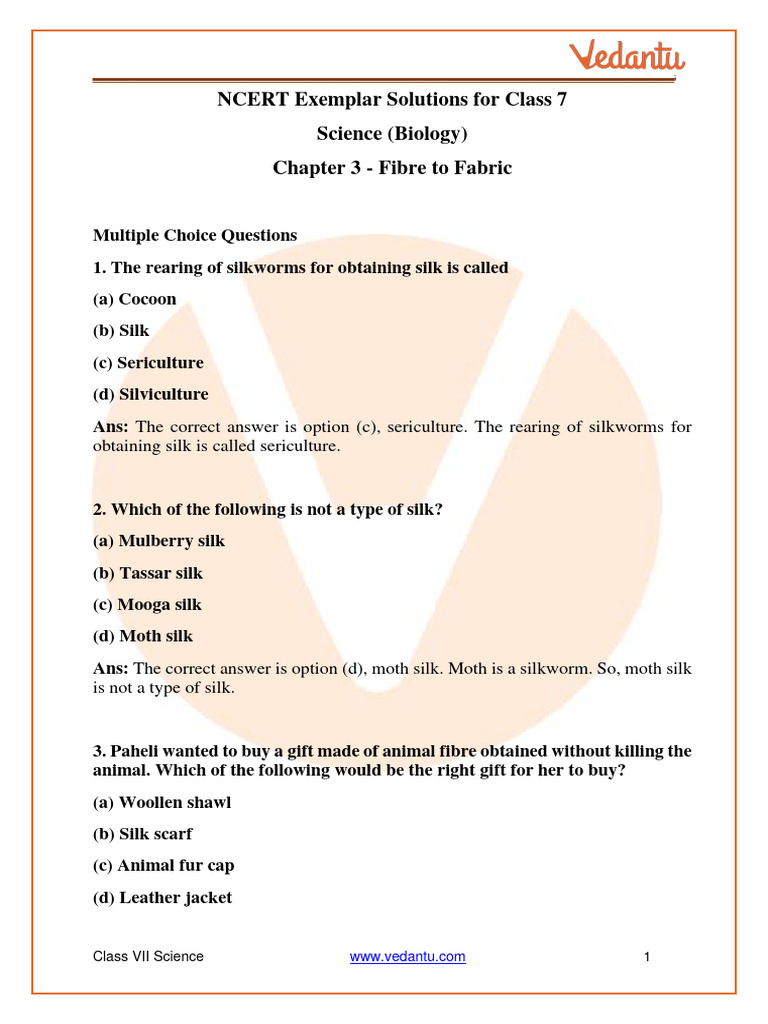 NCERT Exemplar Class 7 Science Solutions Chapter 3 Fibre To Fabric ...