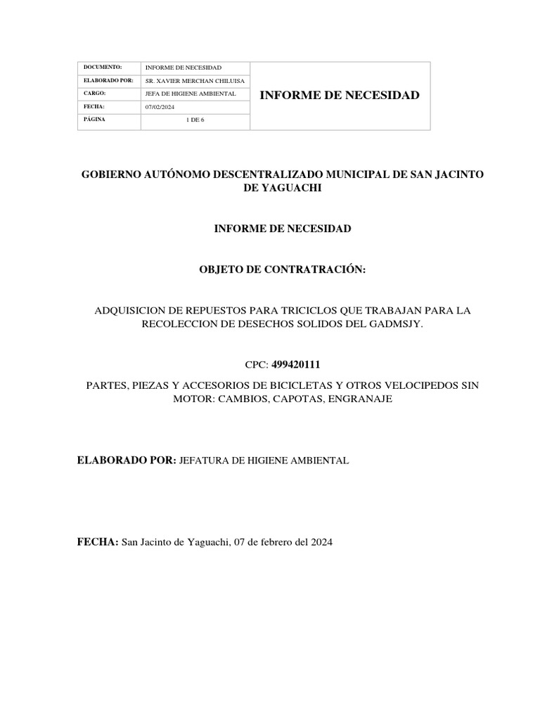 INFORME DE NECESIDAD-signed-signed | PDF | Residuos | Saneamiento