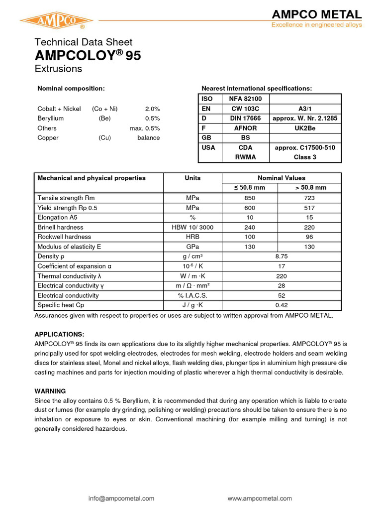 Ampcoloy 95: Technical Data Sheet | Download Free PDF | Construction ...