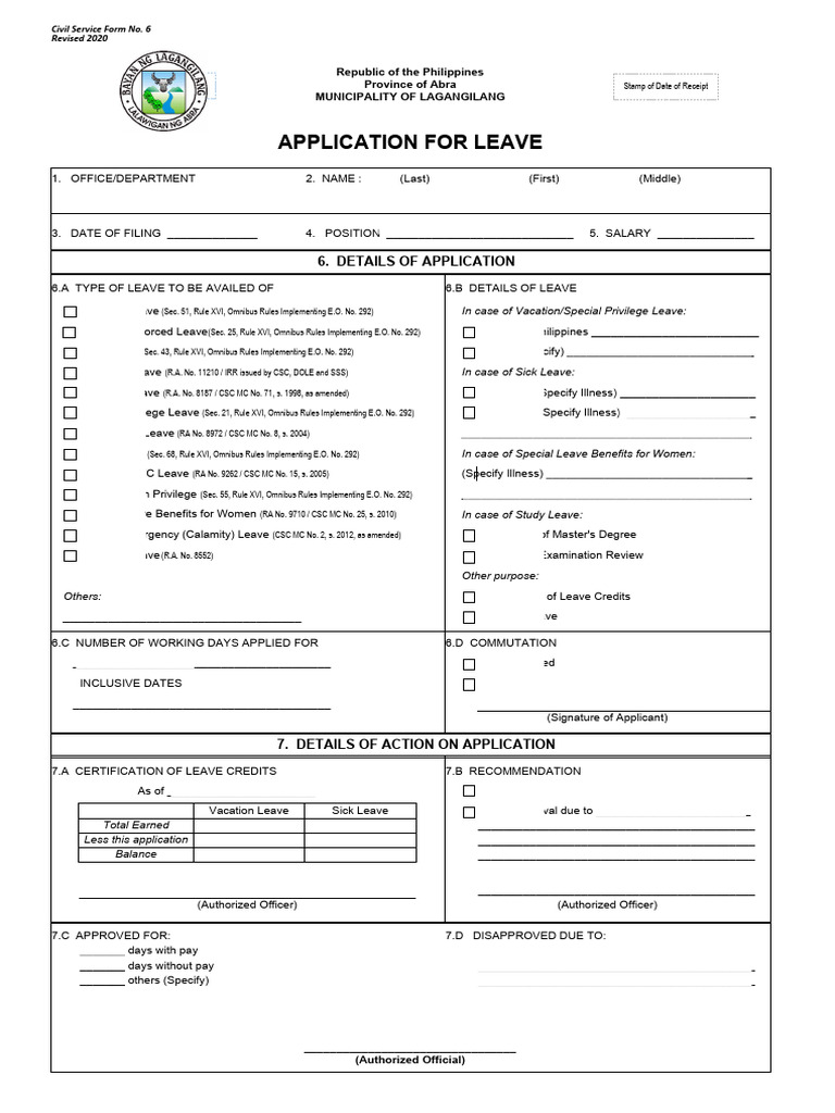 CS Form No. 6, Revised 2020 (Application For Leave) (Fillable) | PDF ...