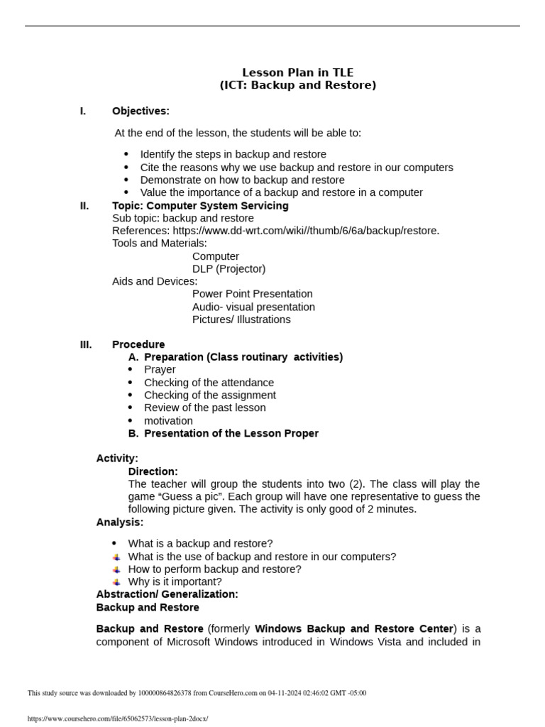 Lesson Plan 2 | PDF | Backup | Computer File