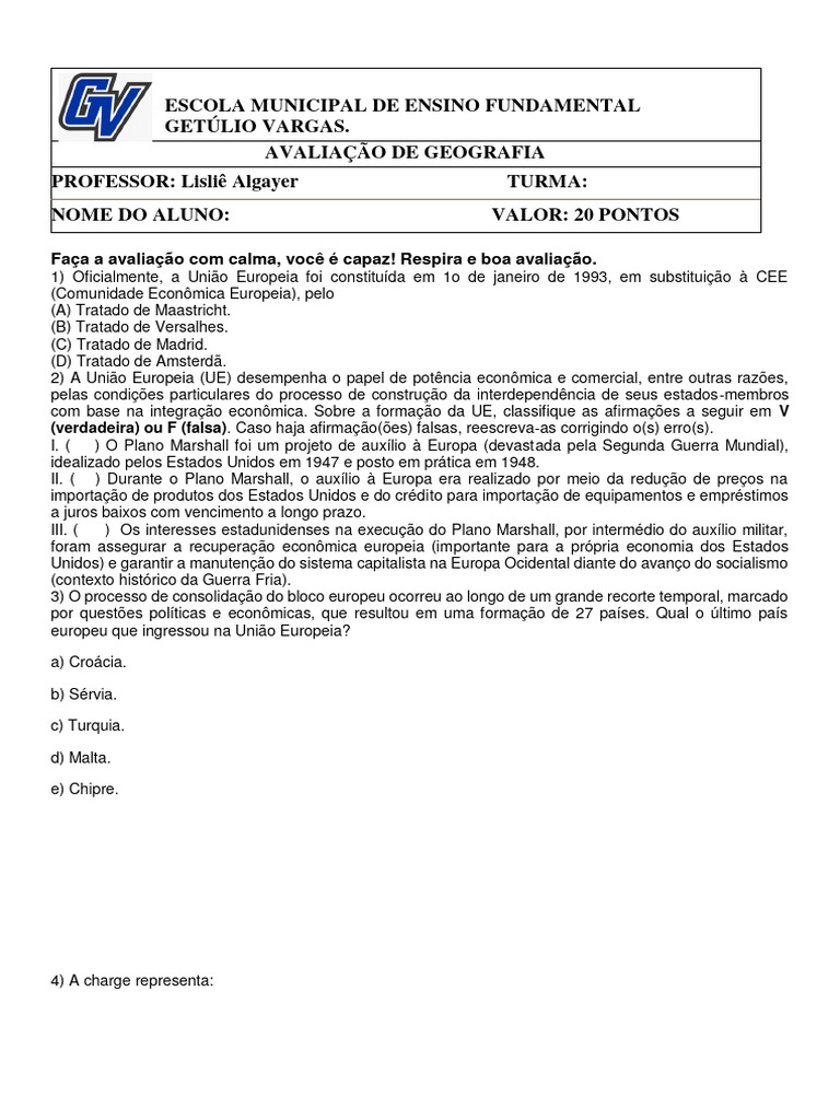 Prova 9 Ano Geografia | PDF | União Europeia | Europa