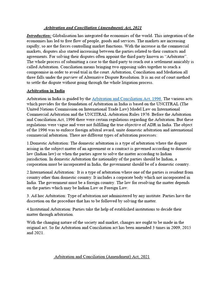 Arbitration and Conciliation (Amendment) Act, 2021 | PDF | Arbitration | Alternative Dispute ...