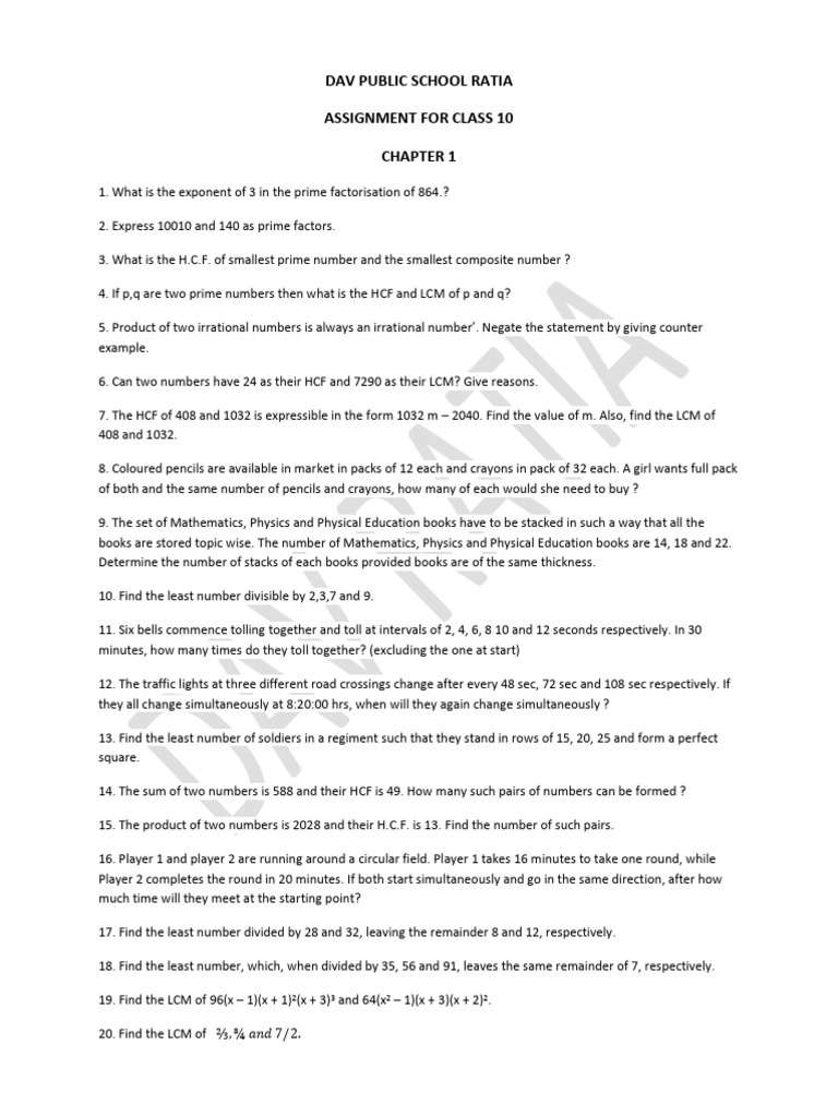Assignment for Class 10 | PDF | Mathematics | Arithmetic