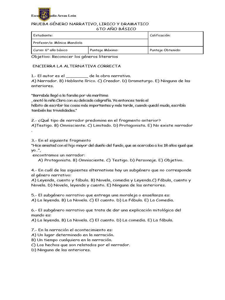 Prueba Géneros Literarios | PDF | Narración