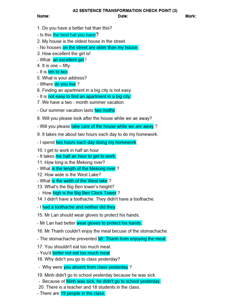 A2 Sentence Transformation (3) Check Point | PDF