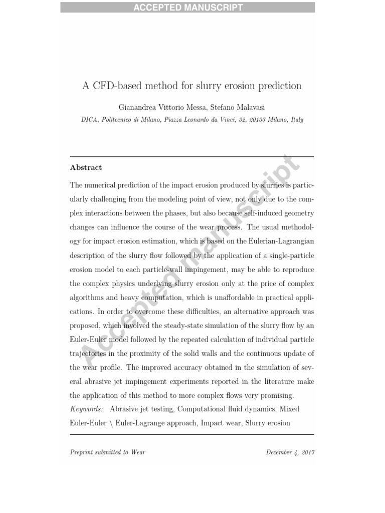 A CFD-based Method For Slurry Erosion Prediction - Messa GV, Malavasi S (2017) | PDF | Wear ...