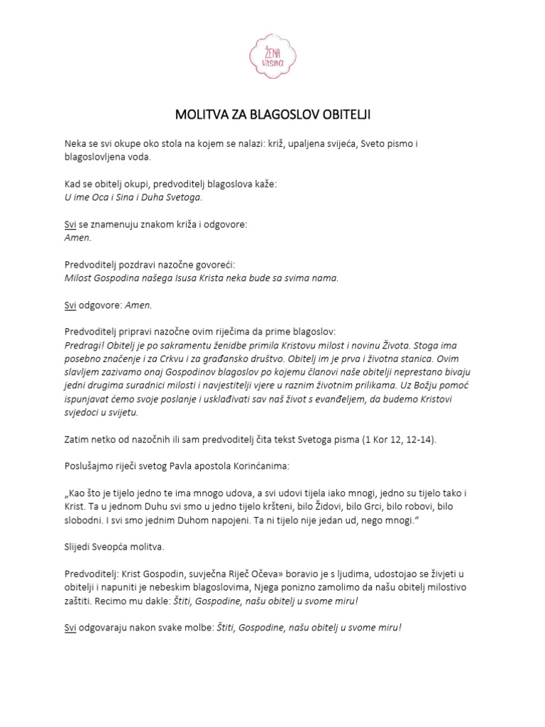 Molitva Za Blagoslov Obitelji | PDF