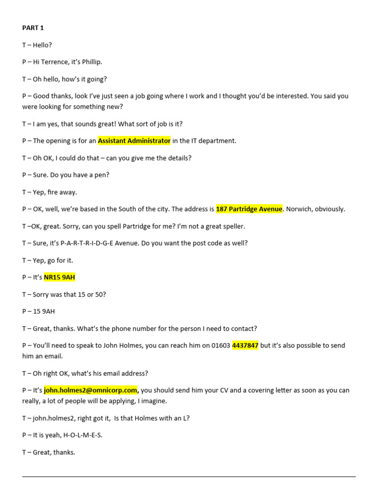 Section 1 Tapescript + Answers | PDF