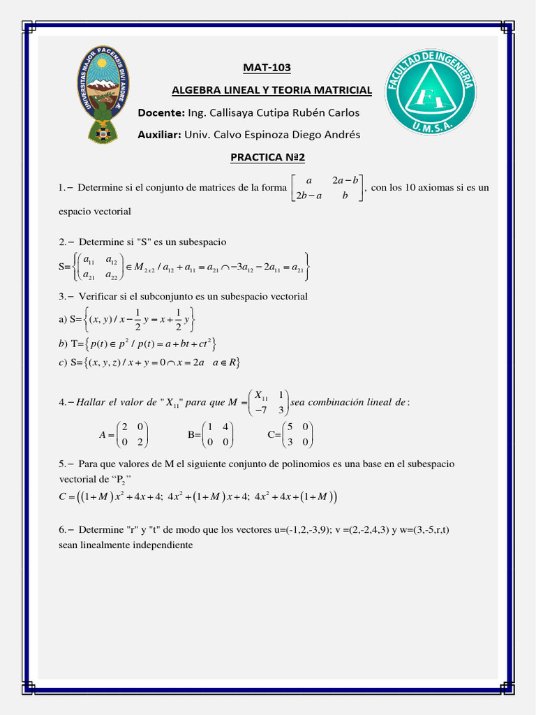Practica 2P - Mat103 | PDF | Base (álgebra lineal) | Espacio vectorial