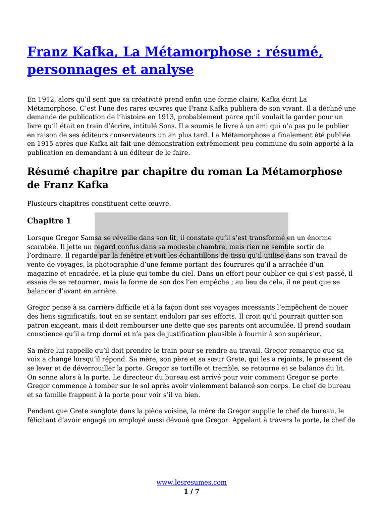 Résumé de La Métamorphose de Kafka | PDF | La Métamorphose