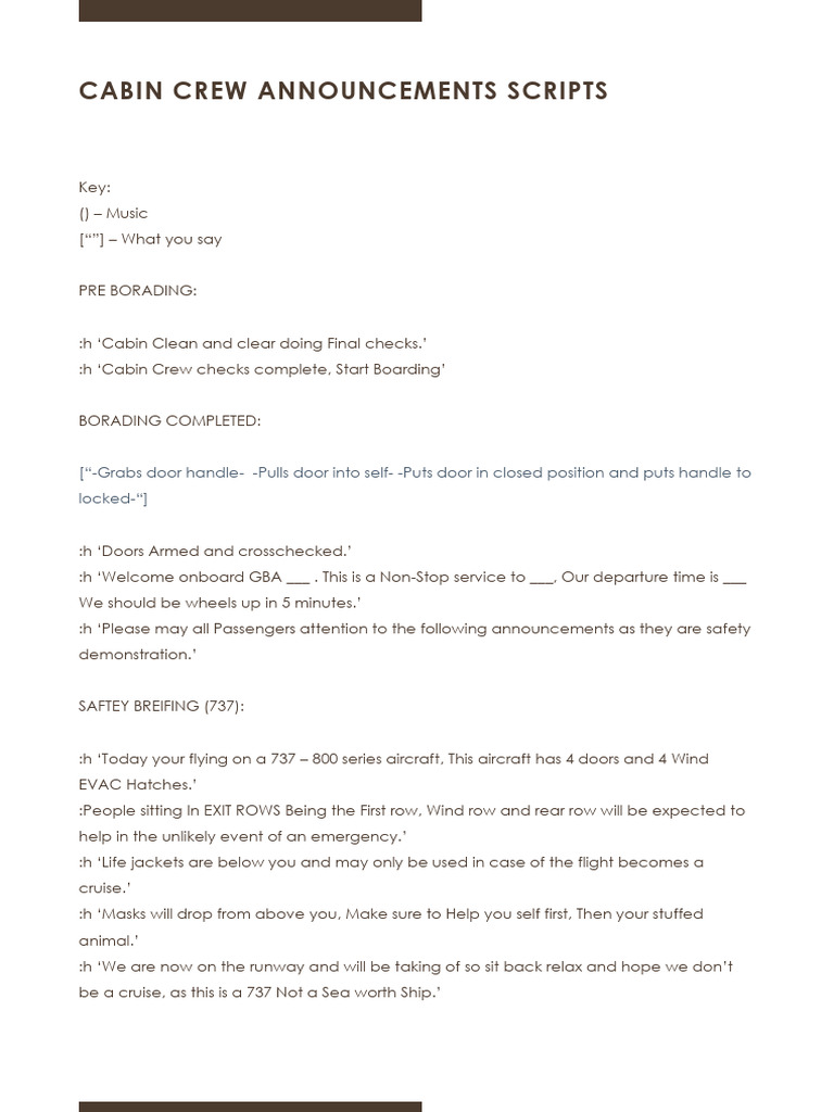 Cabin Crew Announcements Scripts | PDF | Transport Safety | Airliner