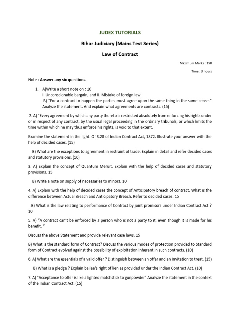 Law of Contract (Mains Full Test) (1) | PDF | Breach Of Contract | Consent