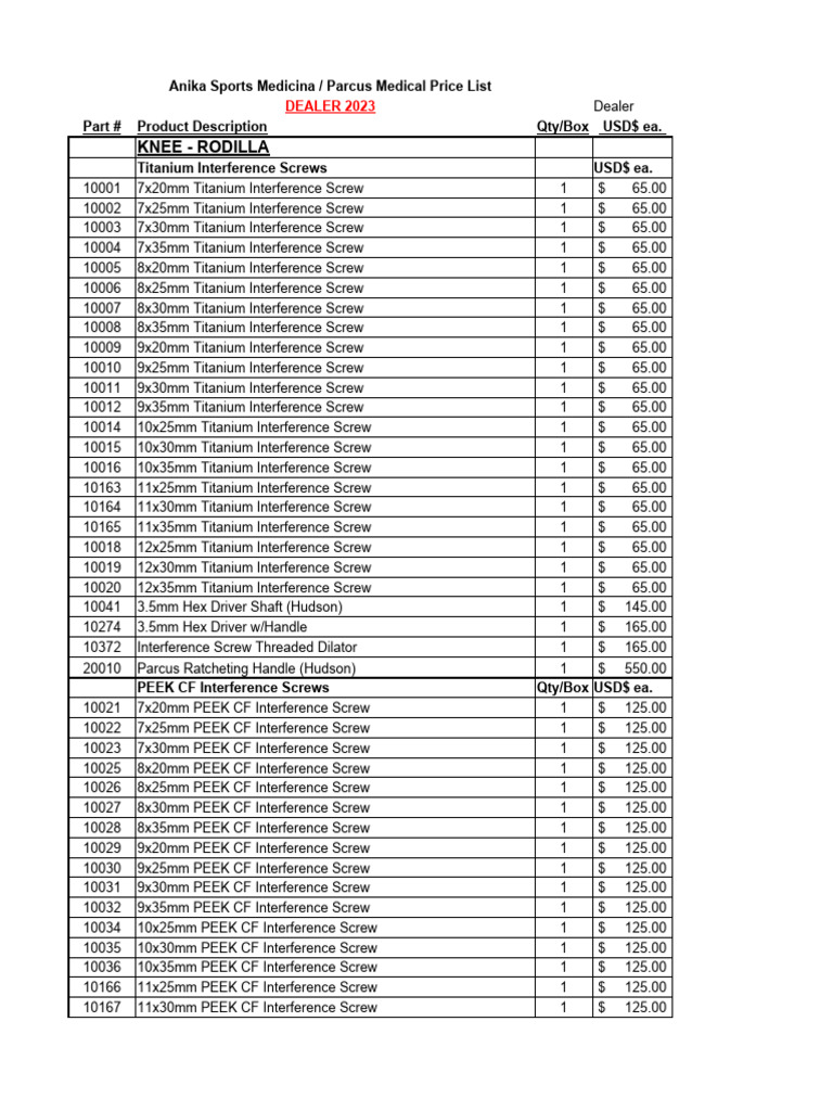Parcus Medical Price List 2023 | PDF | Screw | Surgical Suture