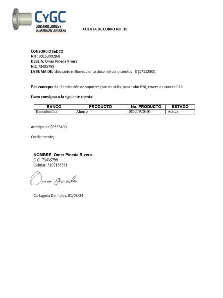 Cuenta de Cobro Plan de Sello, p28 | PDF