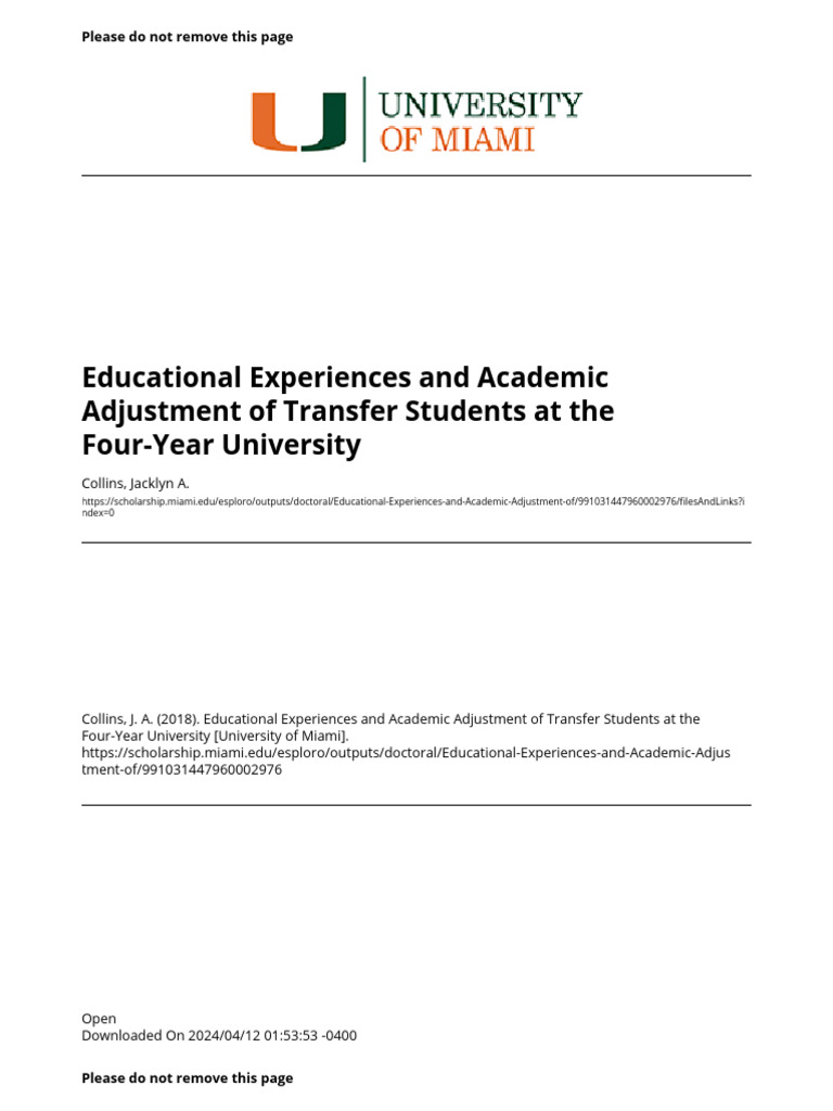 Educational Experiences and Academic Adjustment of Transfer Stude | PDF | Socioeconomic Status