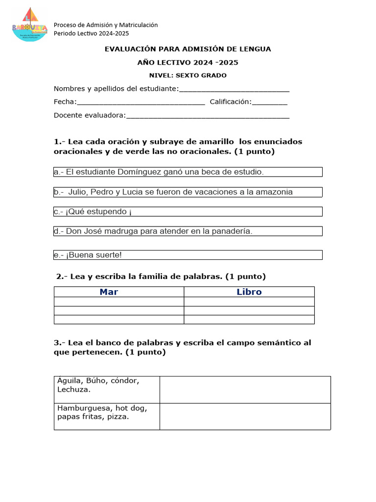 6to Lengua Evaluación para Admisión de Lengua | PDF | Verbo | Semántica