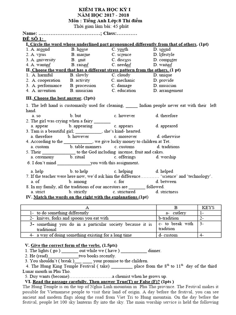 Kiểm Tra Học Kỳ I Tiếng Anh Lớp 8 | PDF