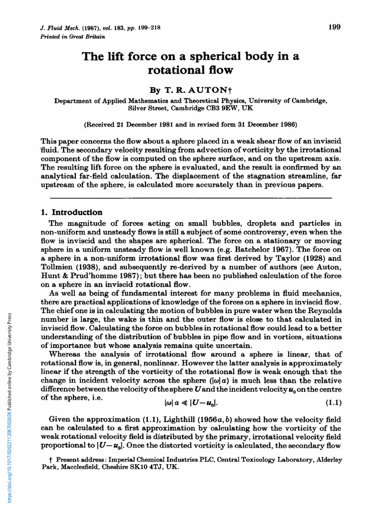 The Lift Force On A Spherical Body in A Rotational Flow | PDF | Fluid ...