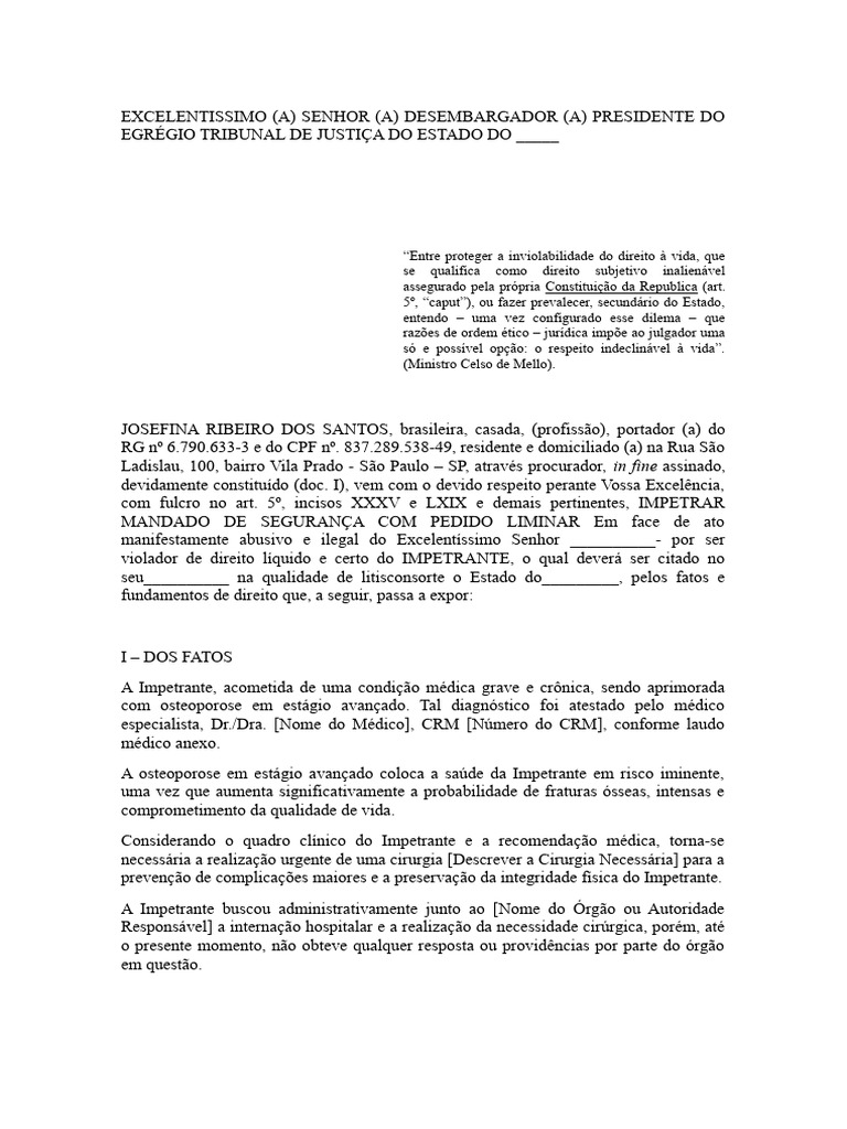 Modelo Mandado de Seguranca Tratamento de Saude | PDF | Mandamus ... Modelo Mandado de Seguranca Tratamento de Saude | PDF | Mandamus ...
