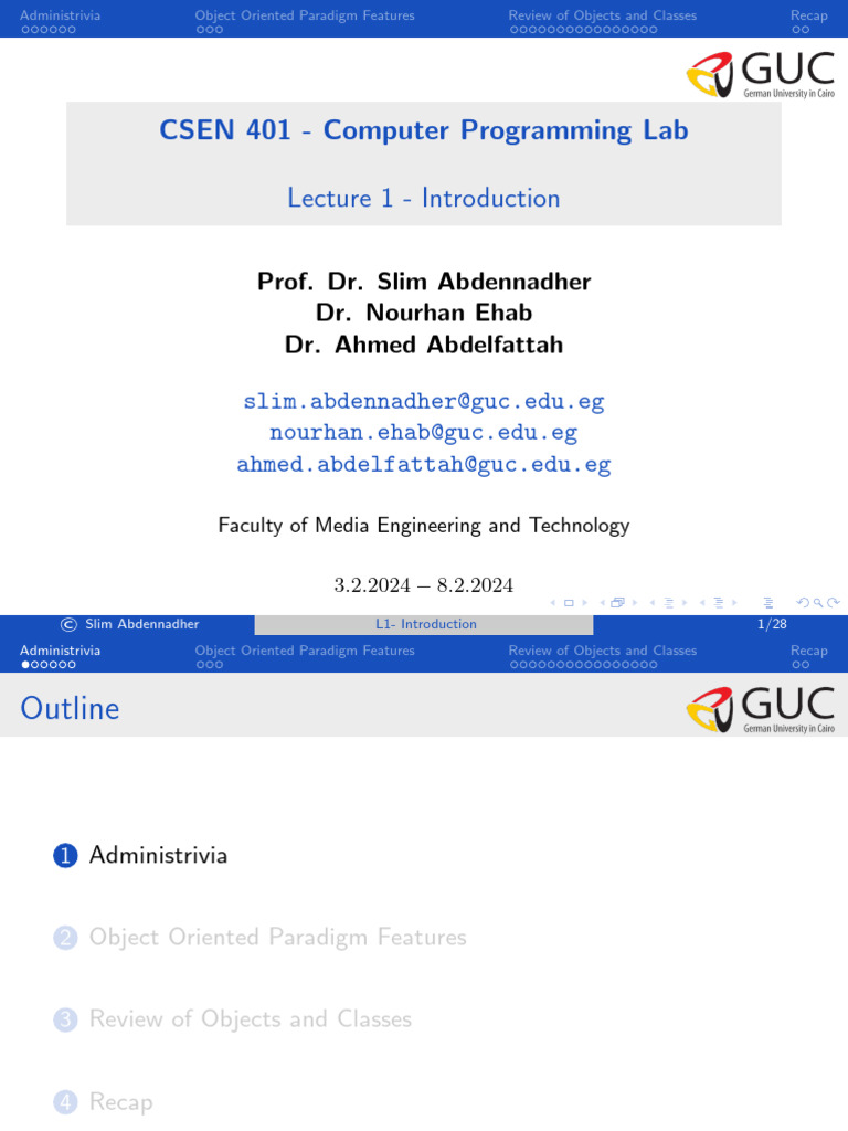 CSEN401 - Lecture 1 | PDF | Programming | Constructor (Object Oriented Programming)