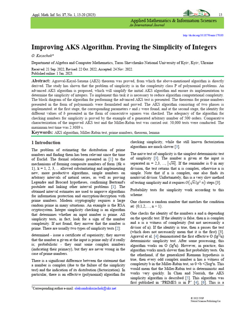 Improving AKS Algorithm. Proving The Simplicity of Integers | PDF | Prime Number | Algorithms