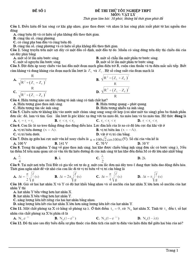 1. Đề Thi Thử Tn Thpt | PDF