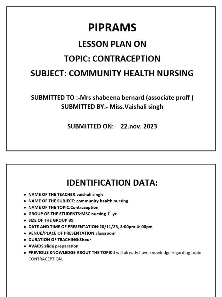 Lesson Plan On Topic: Contraception Subject: Community Health Nursing ...