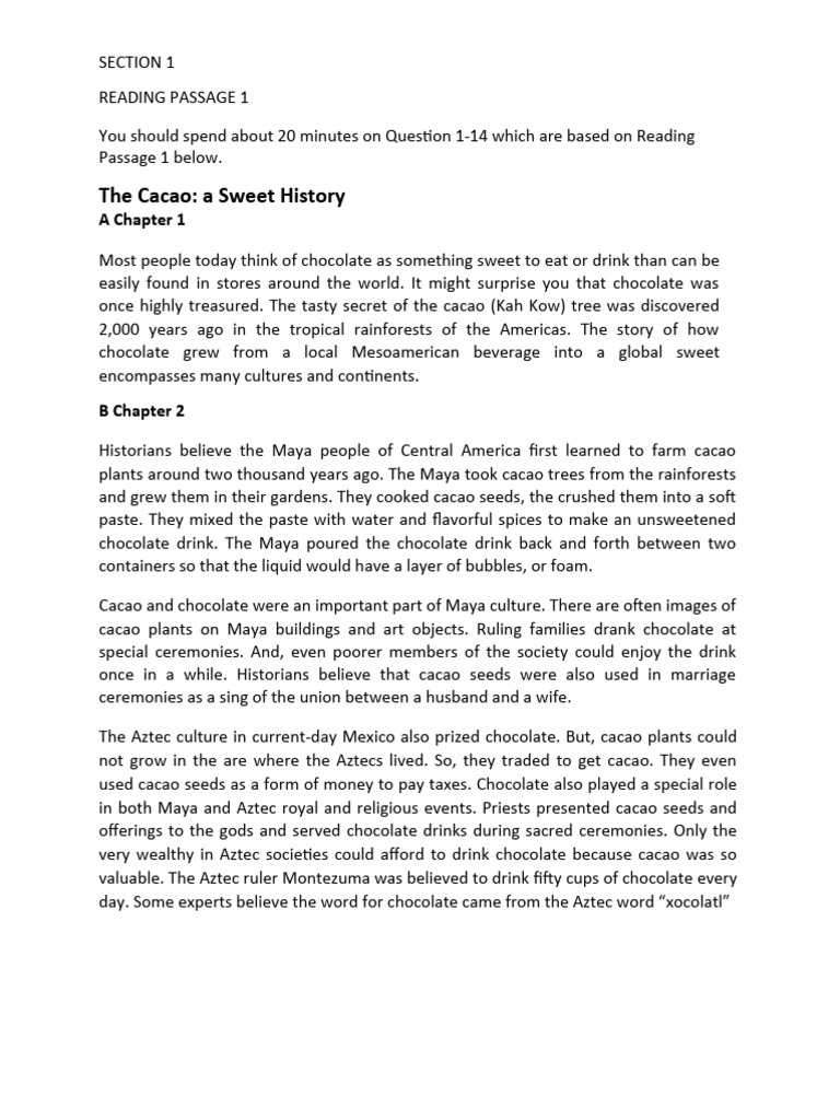 02 Passage 1 - The Cacao A Sweet History Q1-14 | PDF | Cocoa Bean ...