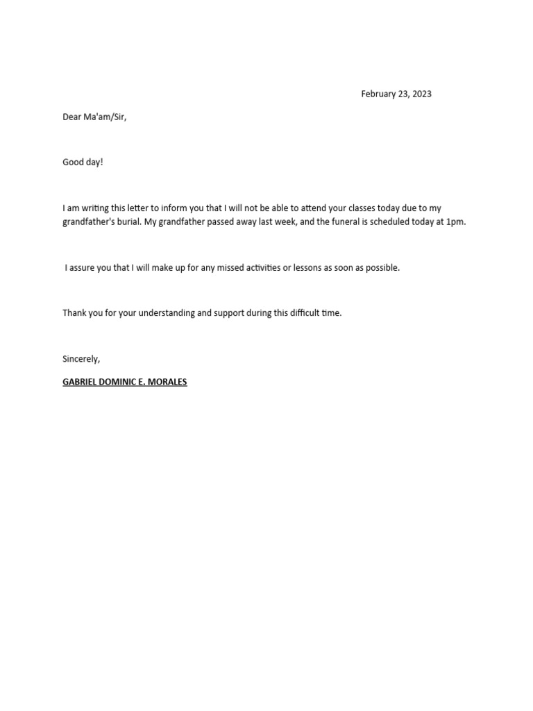 Excuse Letter for Grandfather's Burial | PDF