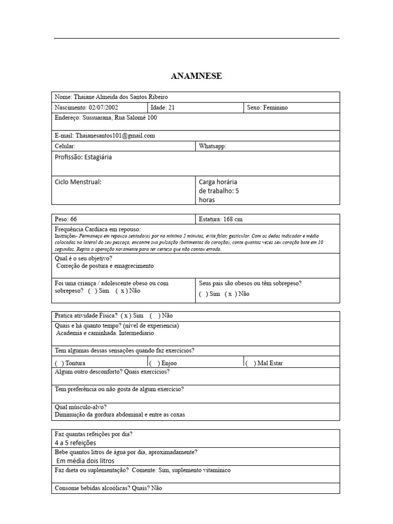 Modelo de Anamnese Personal Trainer | PDF | Obesidade | Diabetes