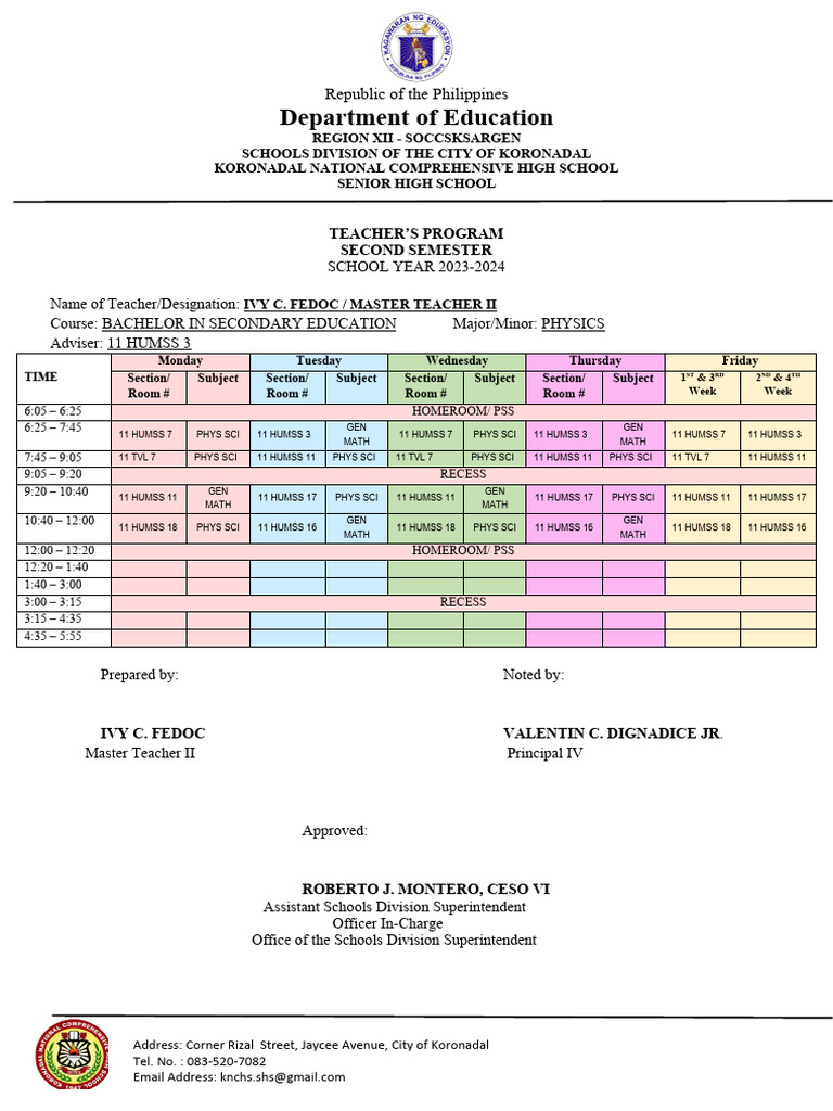 Teacher Schedule 2023-2024 Koronadal | PDF | Educational Institutions ...