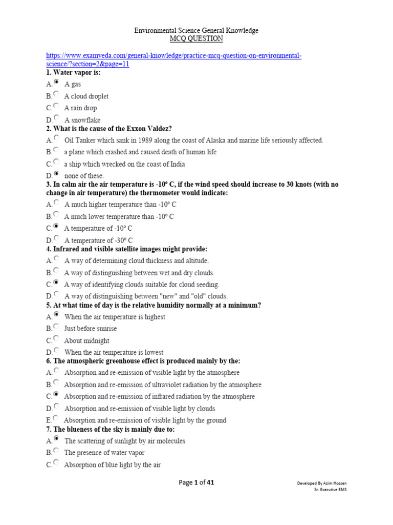 Environmental Science MCQ Questions | PDF | Atmosphere Of Earth | Atmosphere
