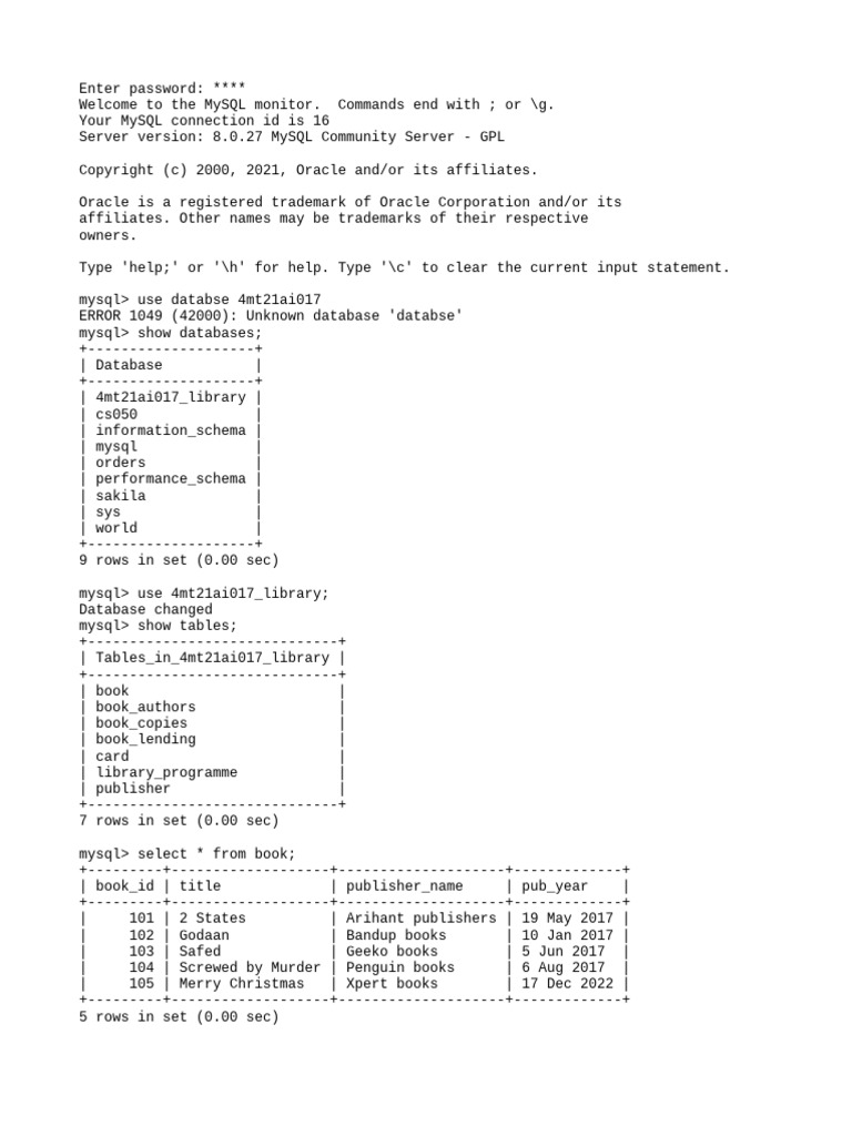 Lab1 Dbms Dev | PDF | Databases | My Sql