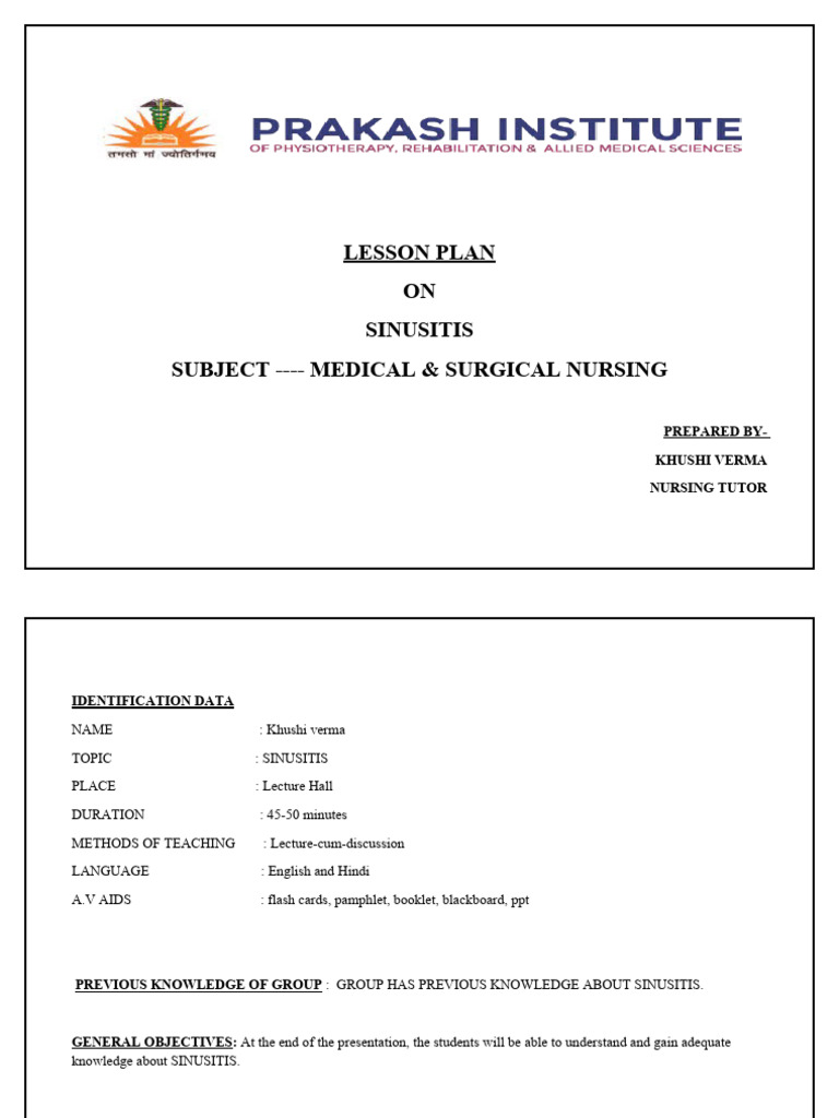 LESSON PLAN ON SINUSITIS | PDF | Human Head And Neck | Medicine