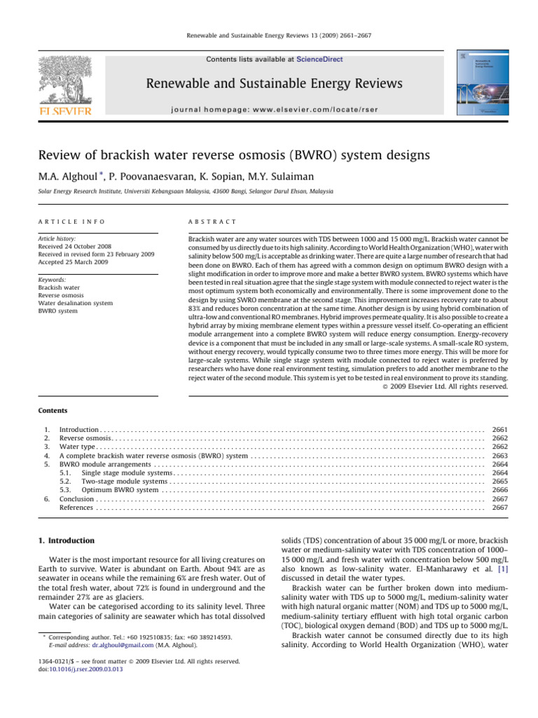 2009, Alghoul, Review of Brackish Water Reverse Osmosis (BWRO) System ...
