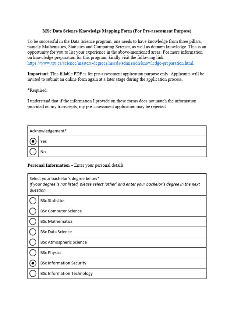 MSc Data Science Pre-assessment Form | PDF | Statistical Inference ...